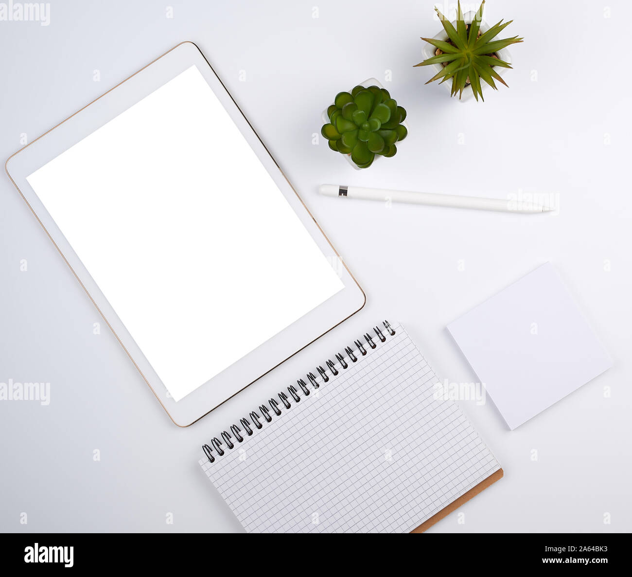 white electronic tablet with a blank screen and a pencil, near pots ...