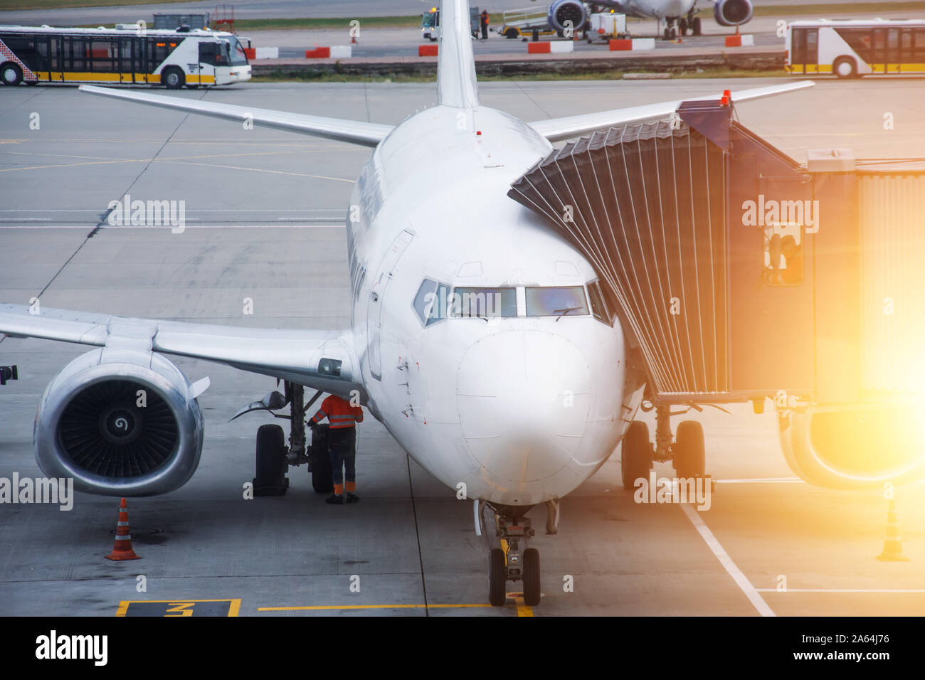 Airplane passenger gangway of the terminal building at the airport ...