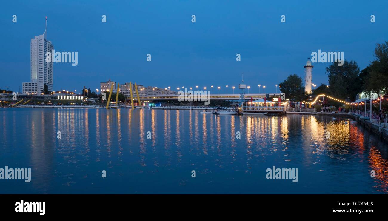 Danube with Imperial Bridge and lighthouse, Danube island, Blue Hour ...