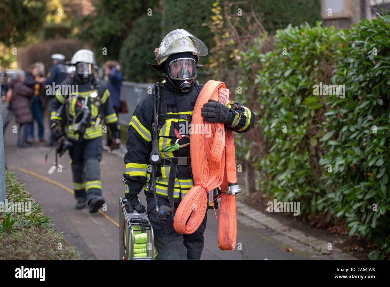 Firefighter with respiratory protection in action, Stuttgart, Germany ...