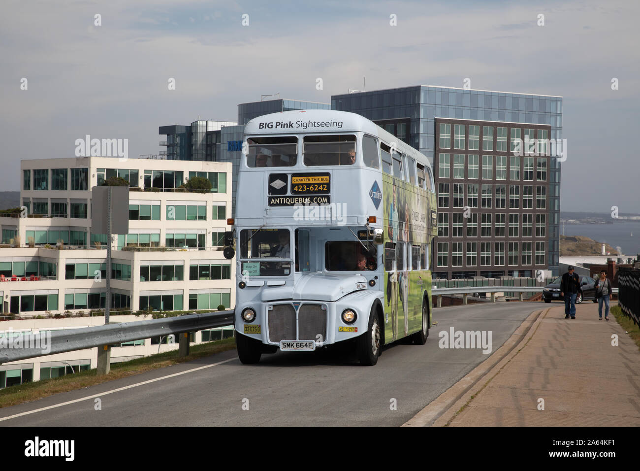 Big pink sightseeing bus arrives at the Citadel in Halifax during ...