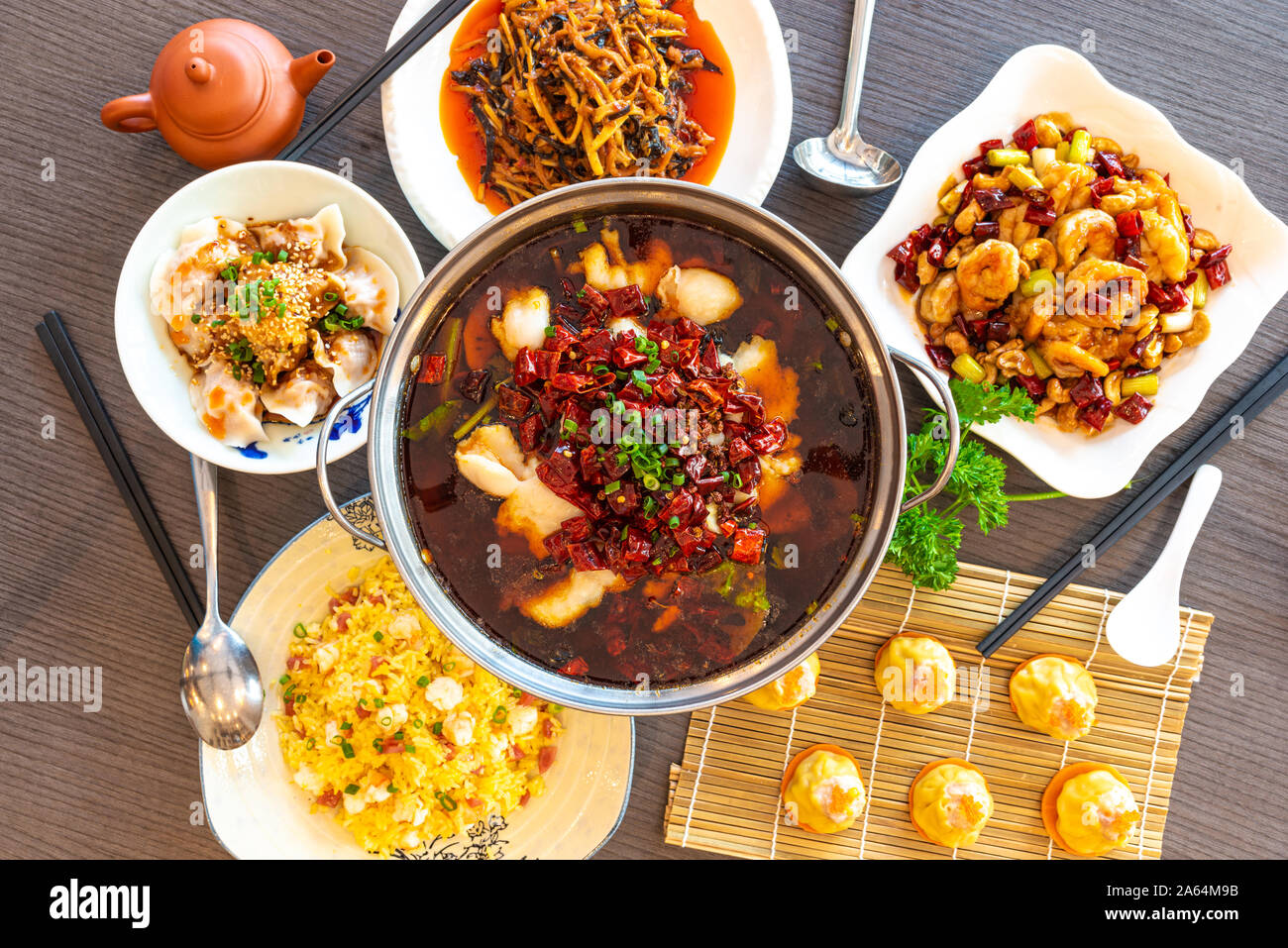 Sichuan cuisine food. Asian Chinese Spicy hot chilli water boiled fish ...