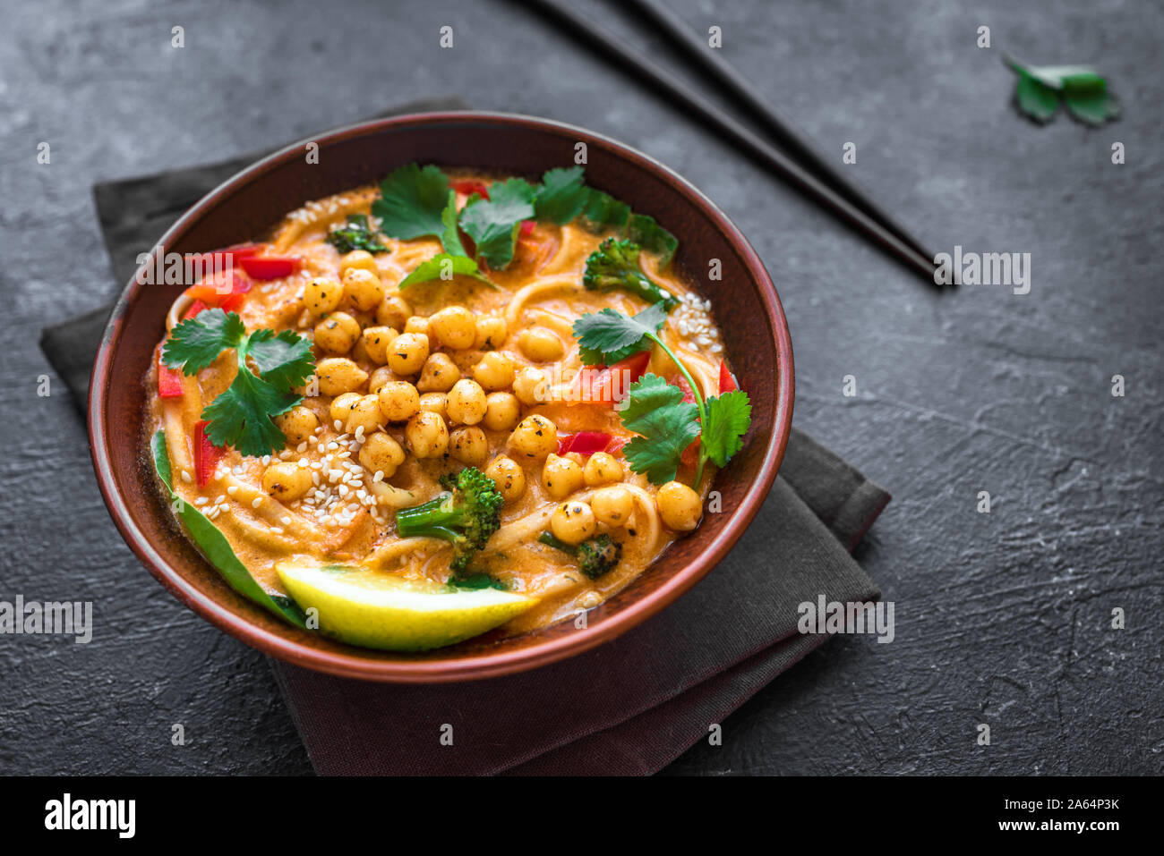 Vegetarian Laksa Soup. Vegetable noodle laksa soup on black background ...