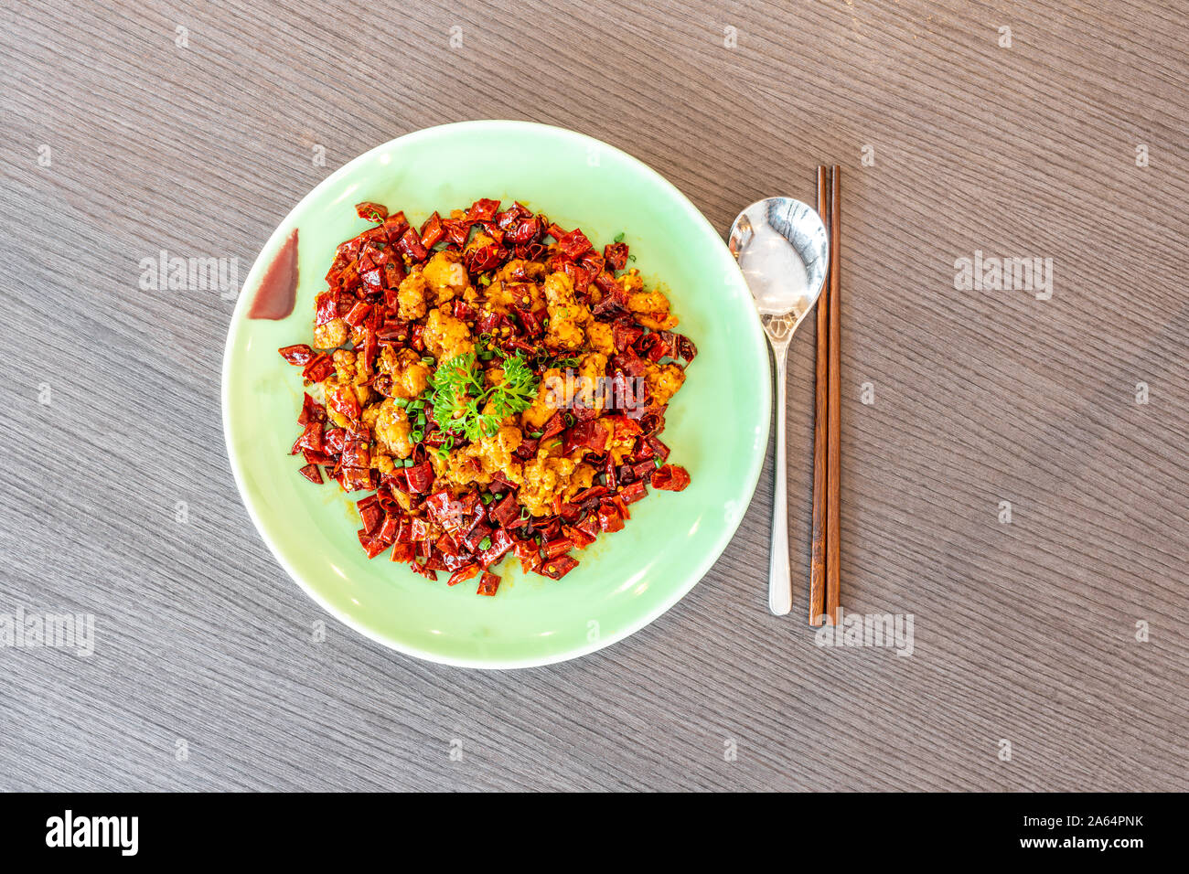 Sichuan Szechuan fried chicken with spicy red hot chillies. Asia China ...