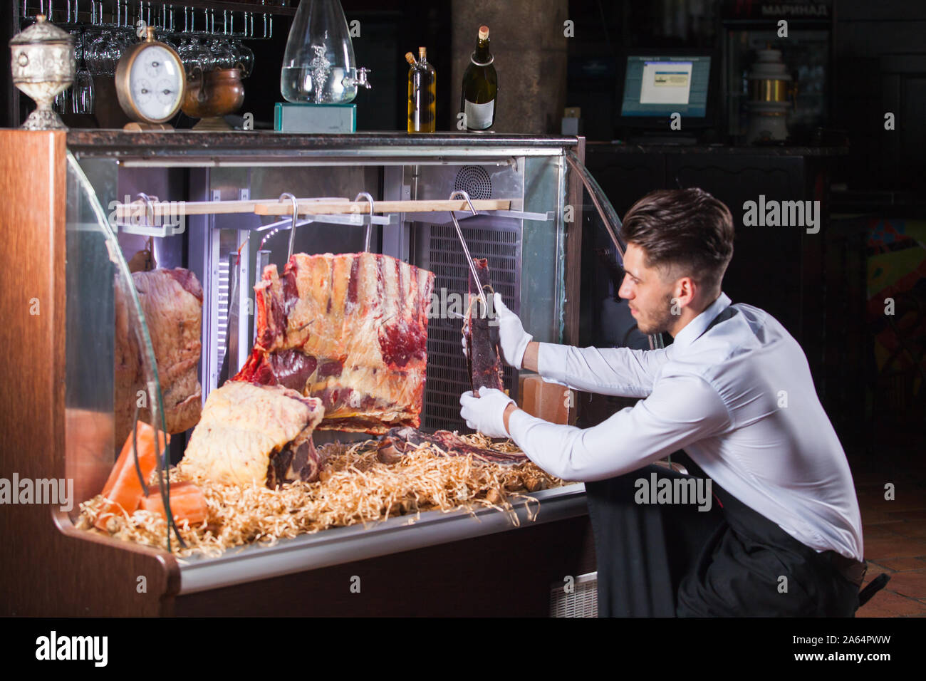 Display of Dry Aged Meat Steaks in butchers shop or restaurant in an ...