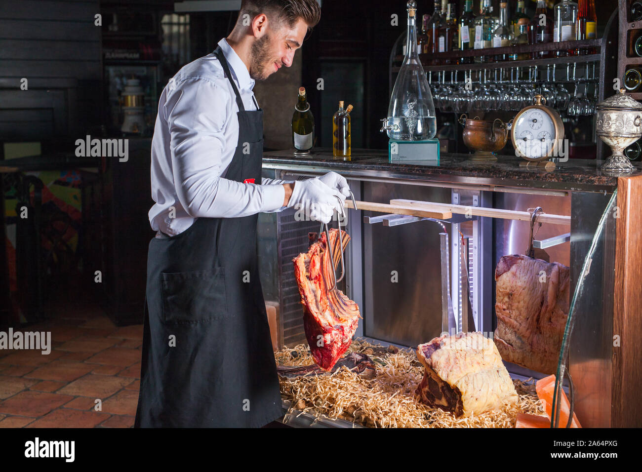 Display of Dry Aged Meat Steaks in butchers shop or restaurant in an ...