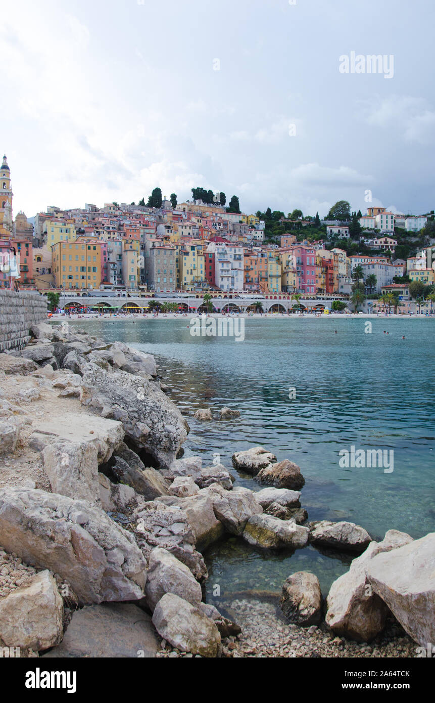 Colorful houses in old part of Menton, French Riviera, France Stock ...