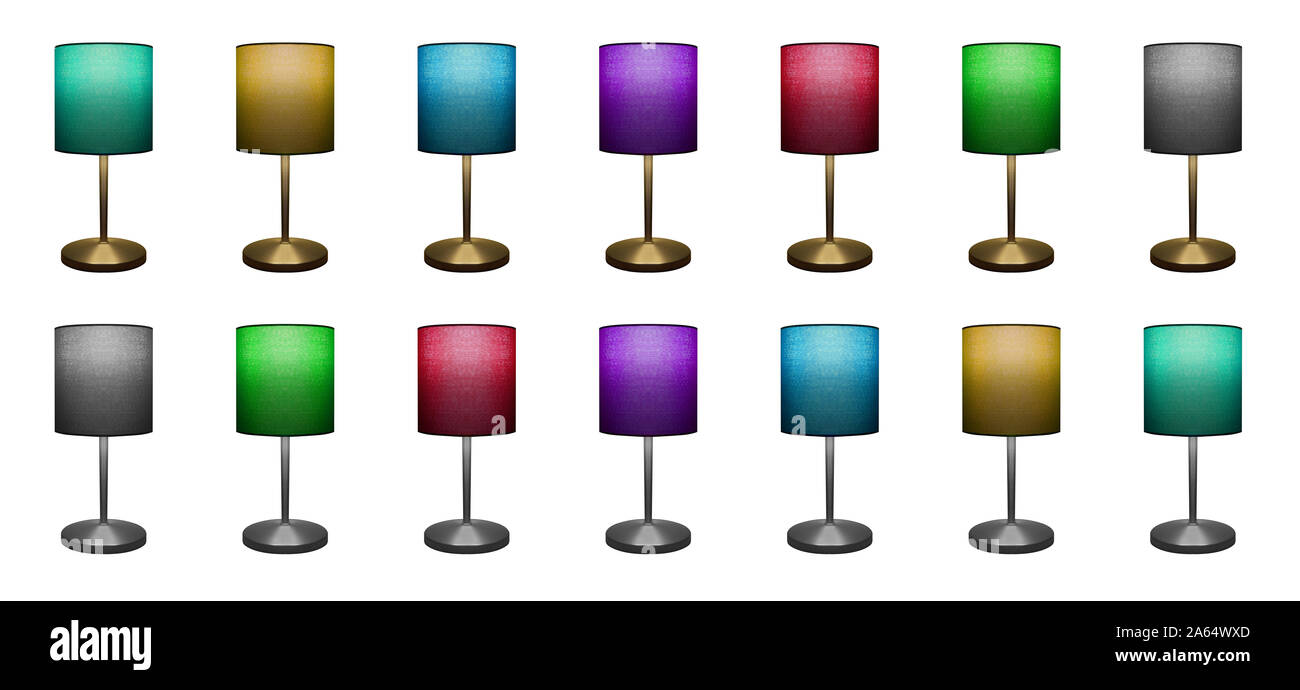 Several coloured table lamps with golden and silver base isolated on ...