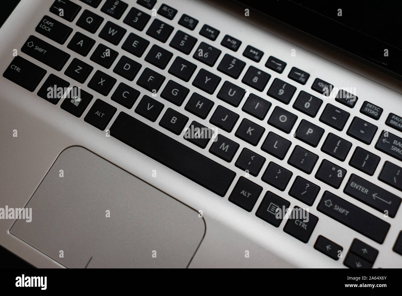 Different objects on black office desk. Modern black office desk table ...