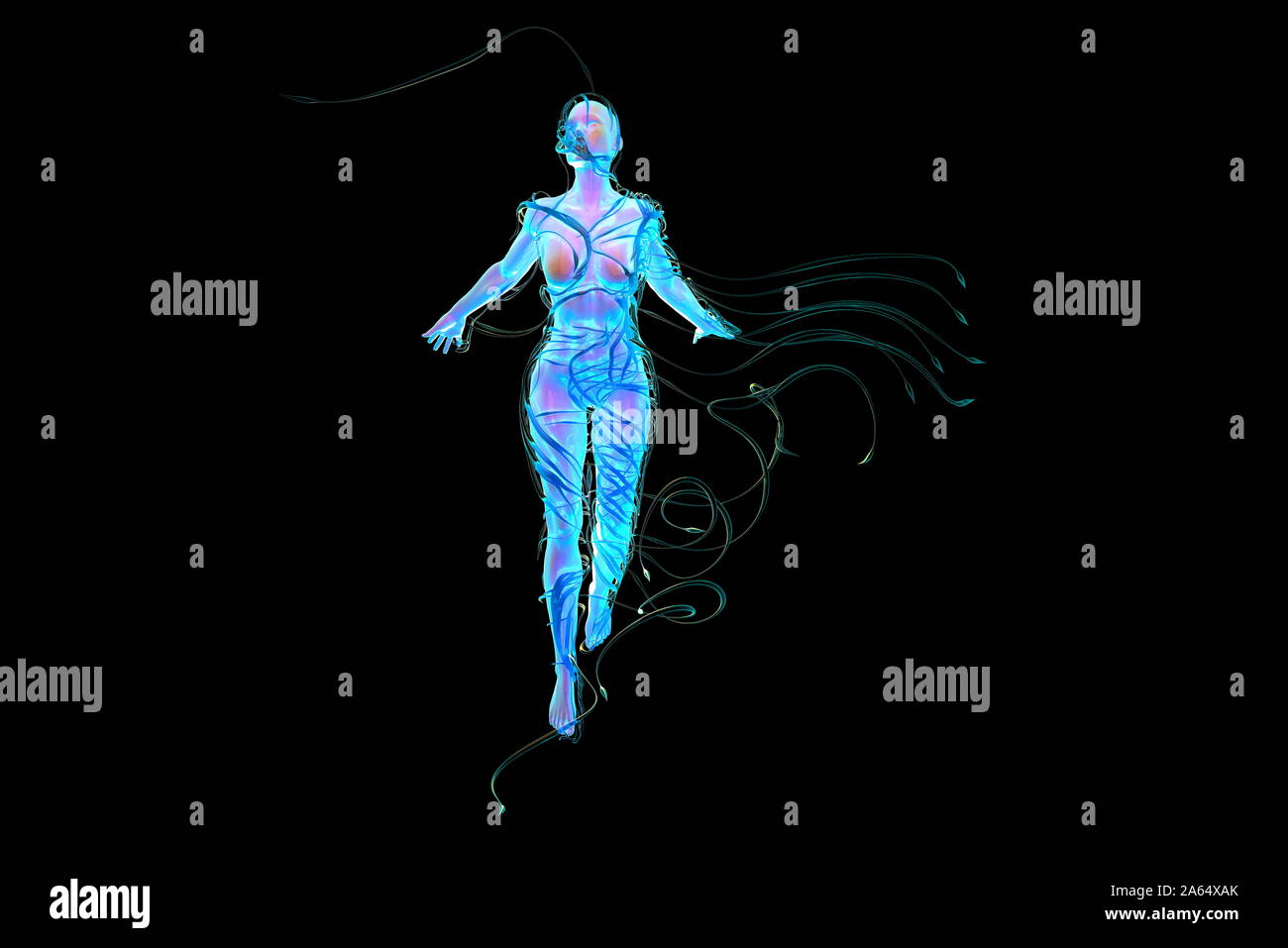 Abstract Flying female figure is wrapped up by branches of magic plant ...