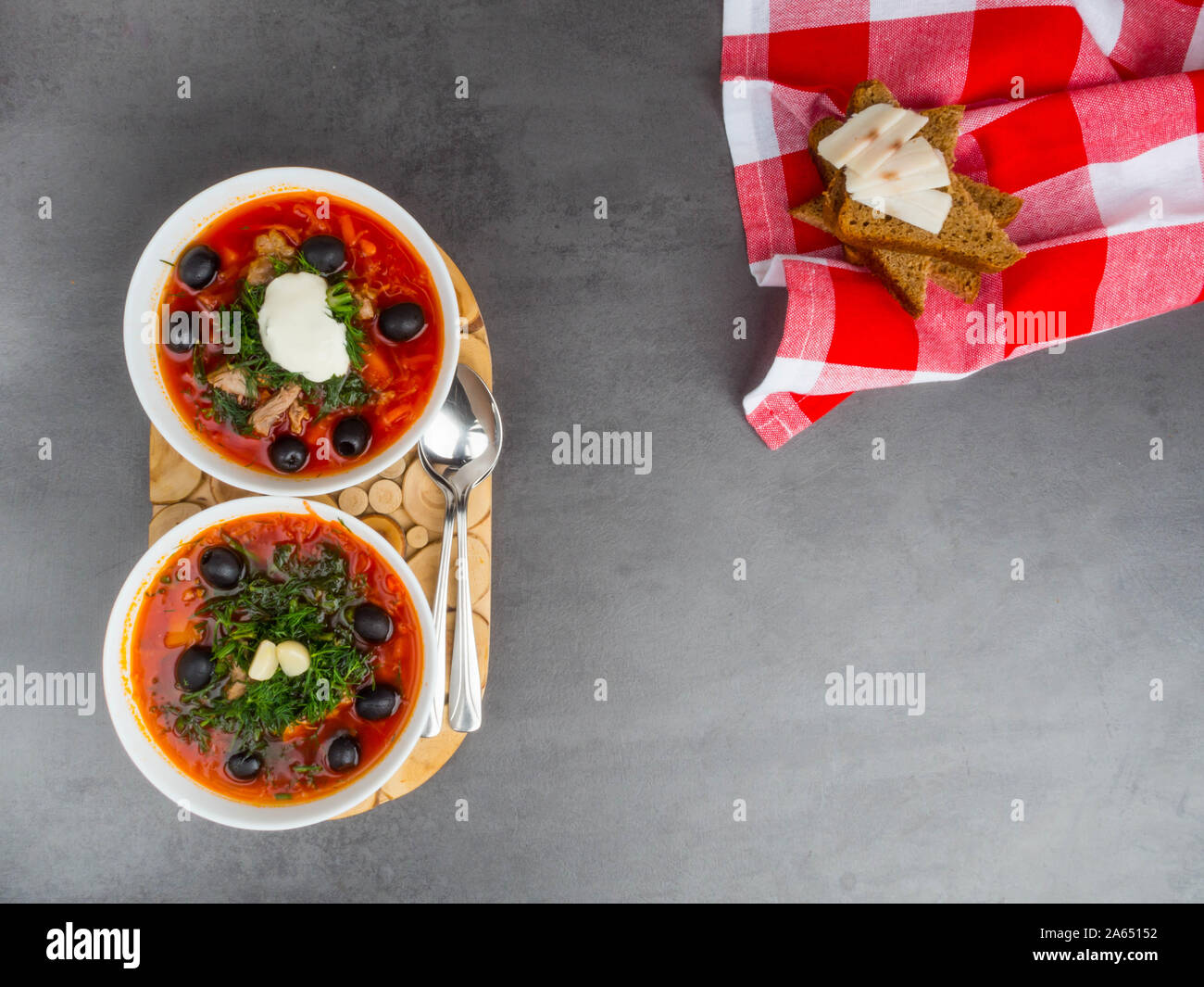 Traditional Ukrainian Russian borscht with olives, dill, garlic, lard ...