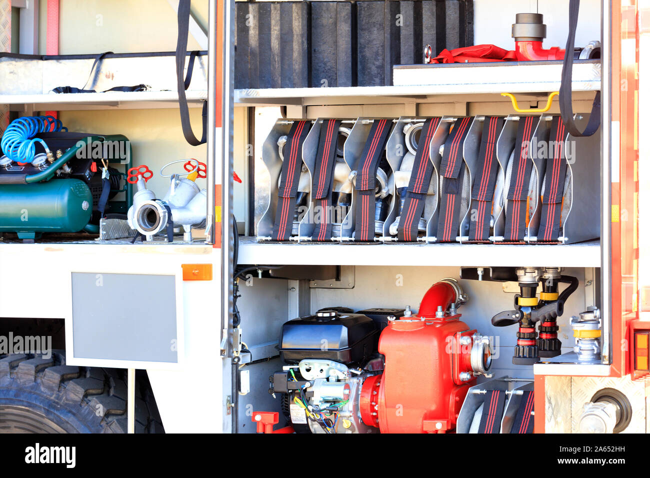 Fire hoses, valves, cranes, air compressor, petrol pump, hydrants are ...