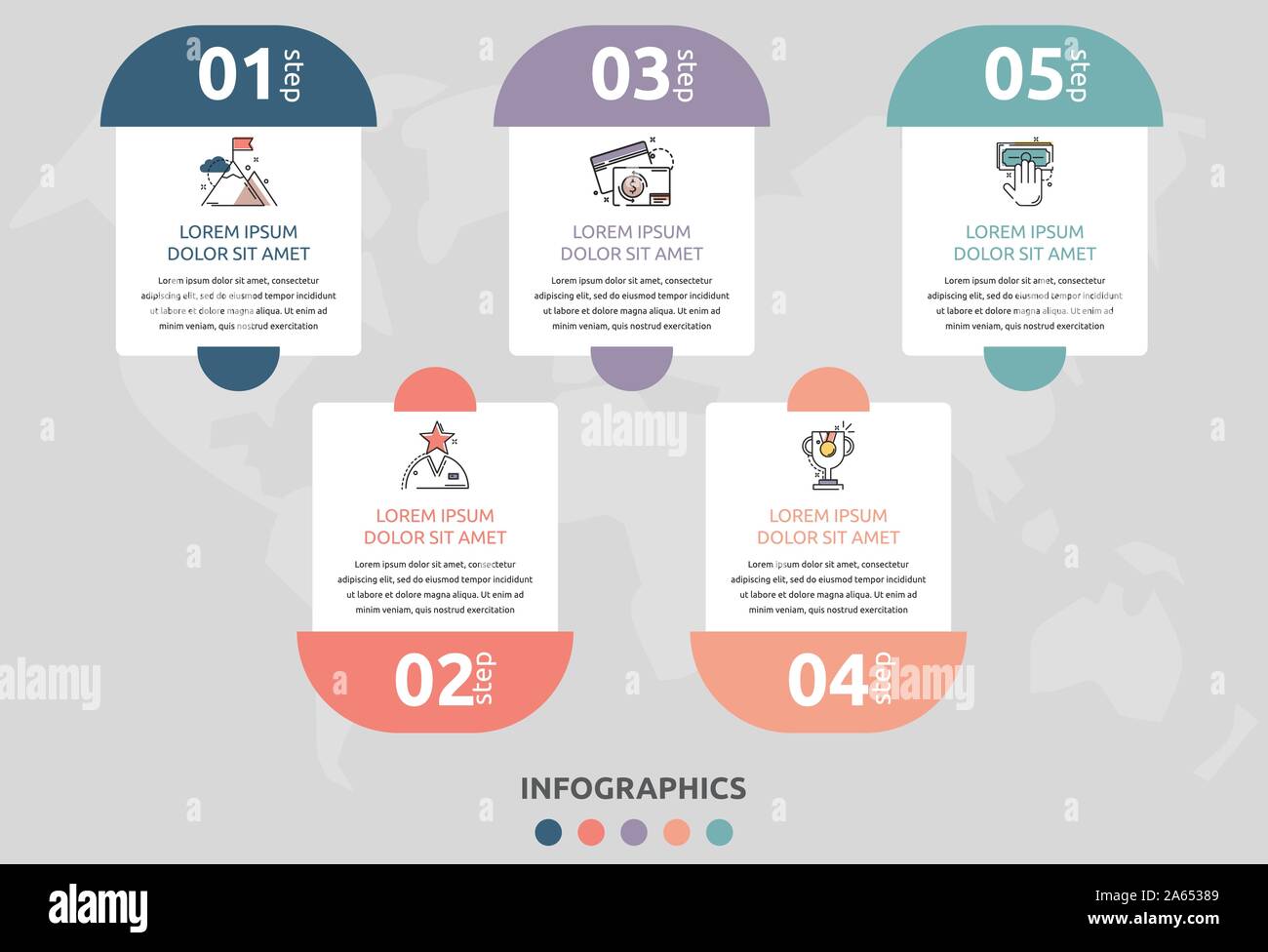 Vector infographic flat template. Rectangles for five diagrams, graph, flowchart, timeline ...