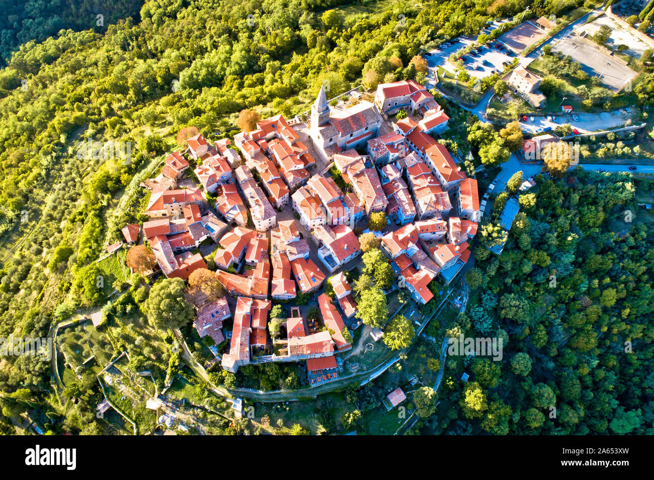Groznjan. Ancient hill village of Groznjan aerial panoramic view ...