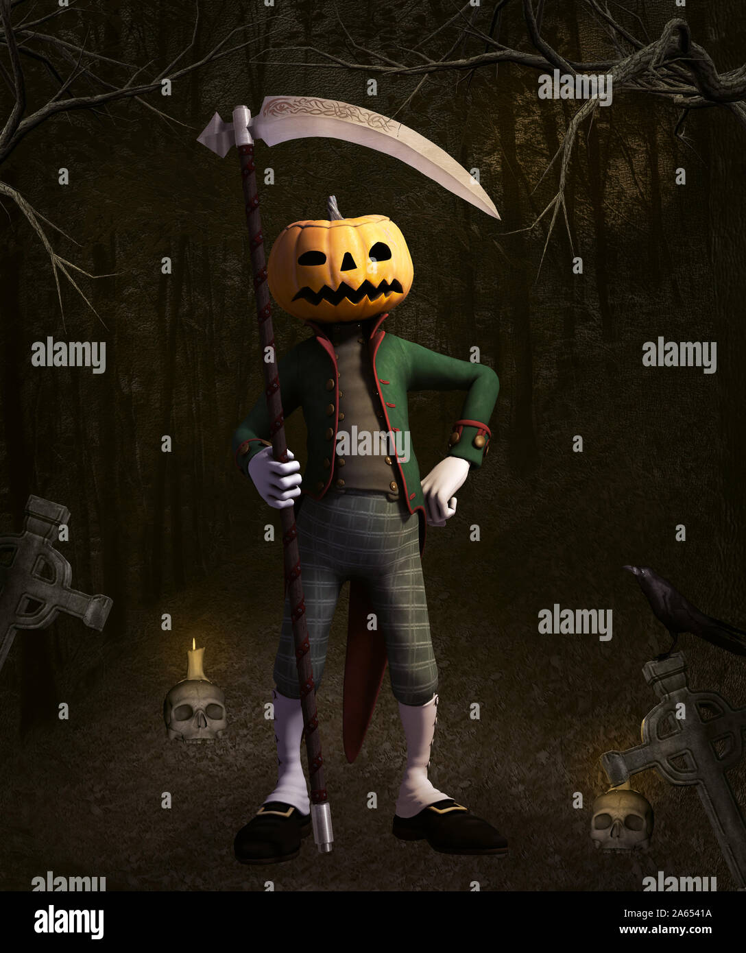 Halloween monster with a sickle in the black forest – 3D illustration ...