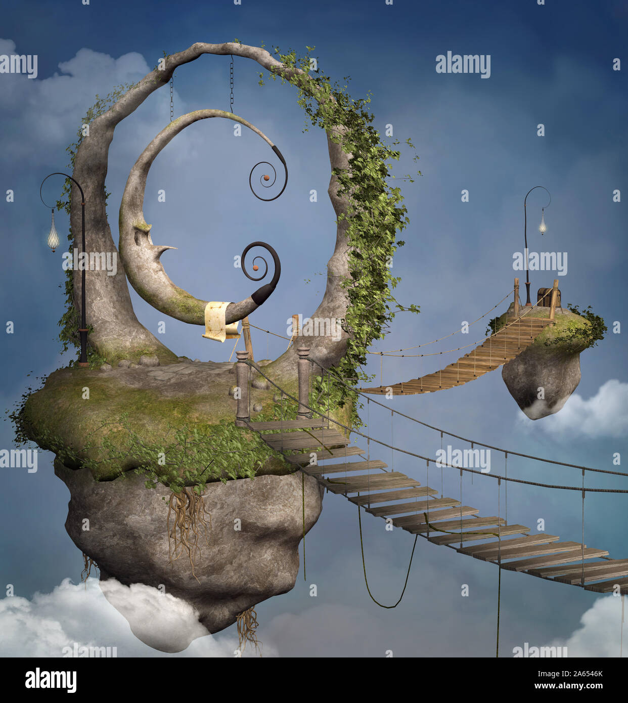 Fantasy surreal village floating in the blue sky Stock Photo - Alamy