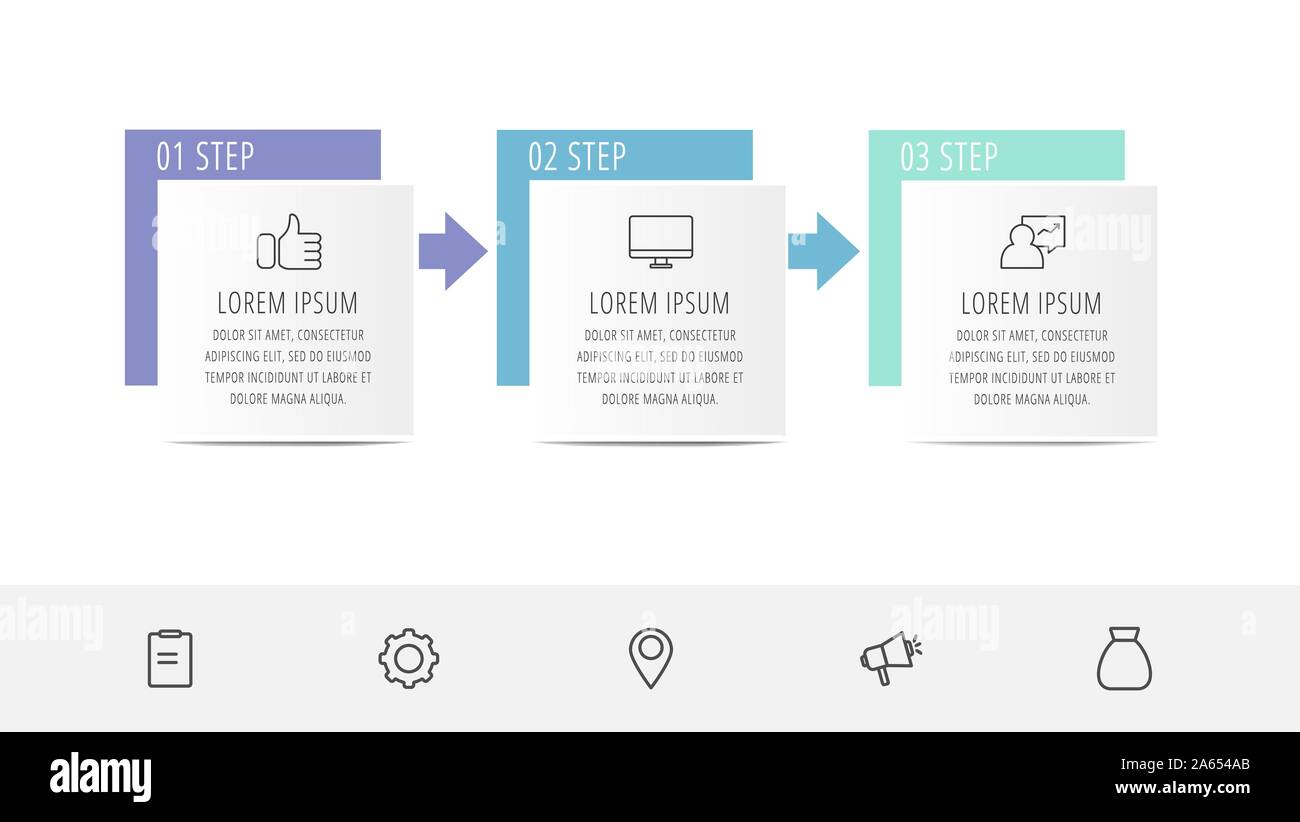 Vector infographic flat template. Rectangles with arrows for three diagrams, graph, flowchart ...