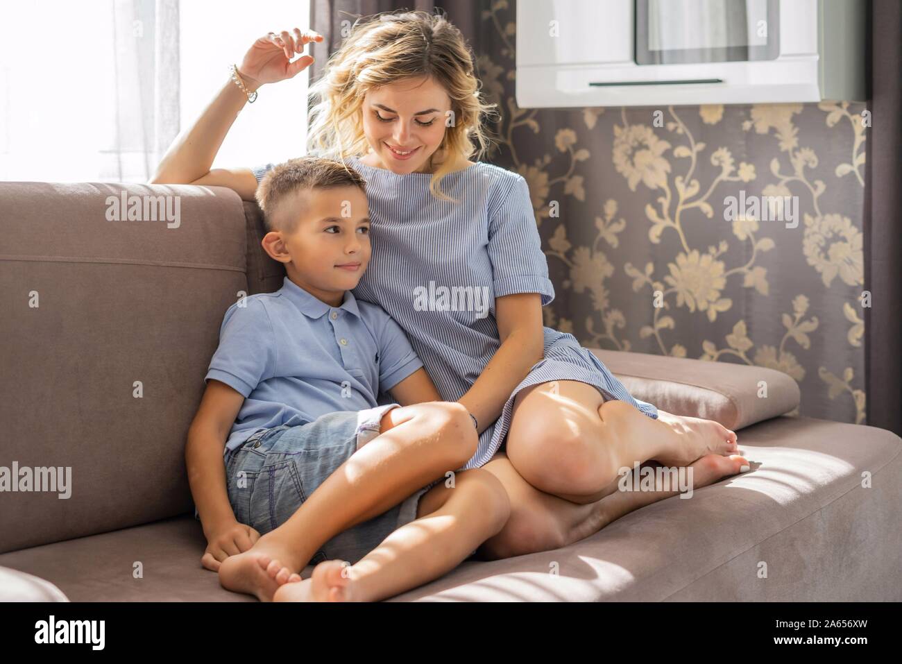 Happy mum with son at home Stock Photo - Alamy