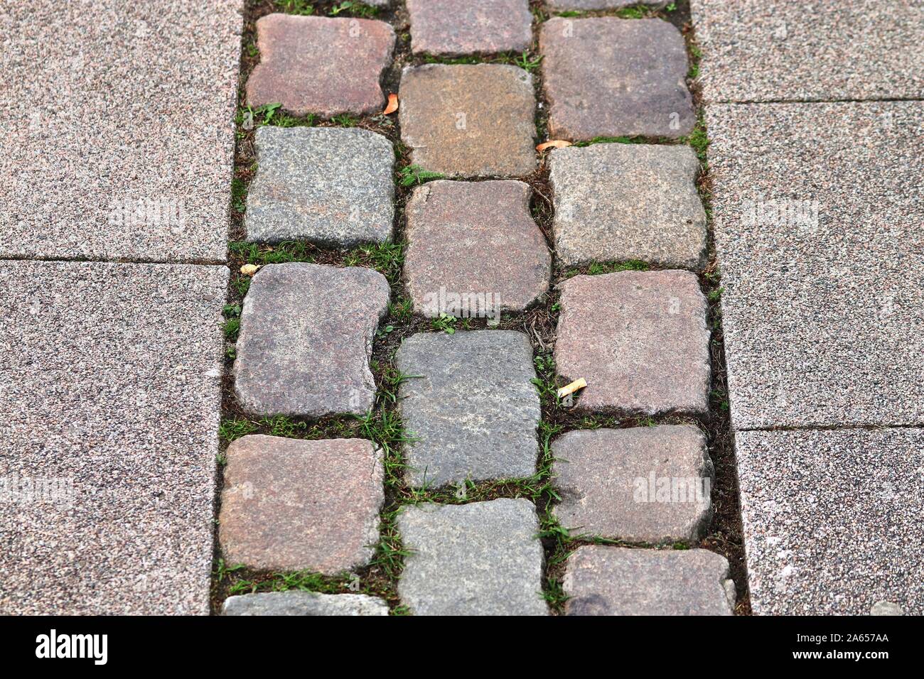 Highly detaled close up view on cobblestone textues with perspective in ...