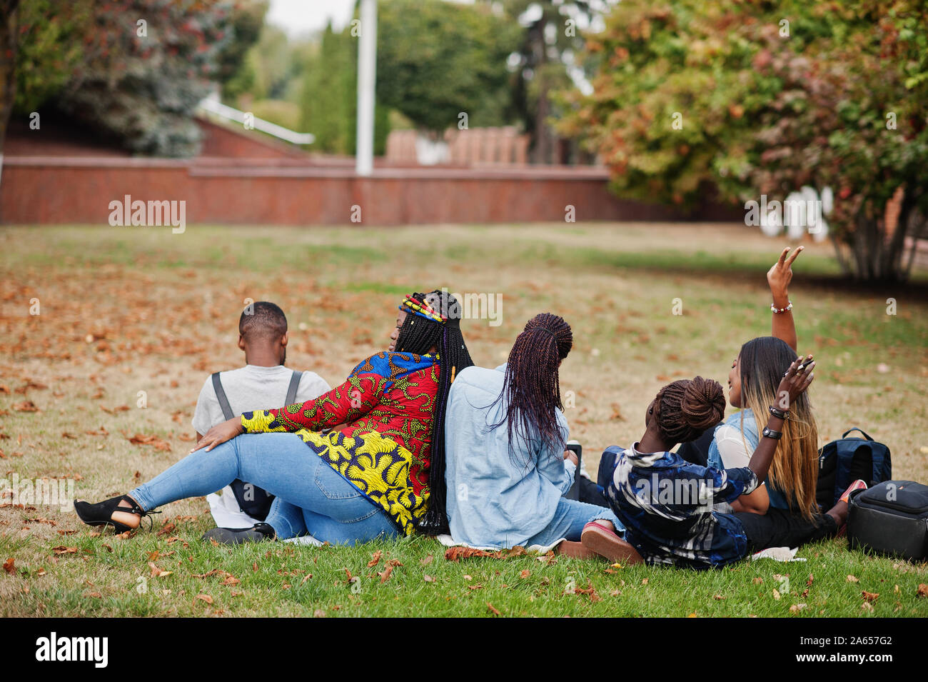 Back of group five african college students spending time together on ...