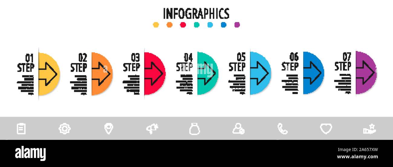 Vector infographic flat template. Semicircle with arrow for seven ...