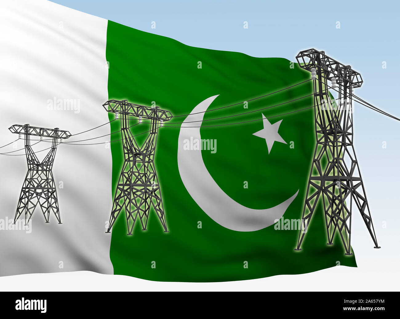 power lines against background flag of Pakistan. 3d rendering Stock ...