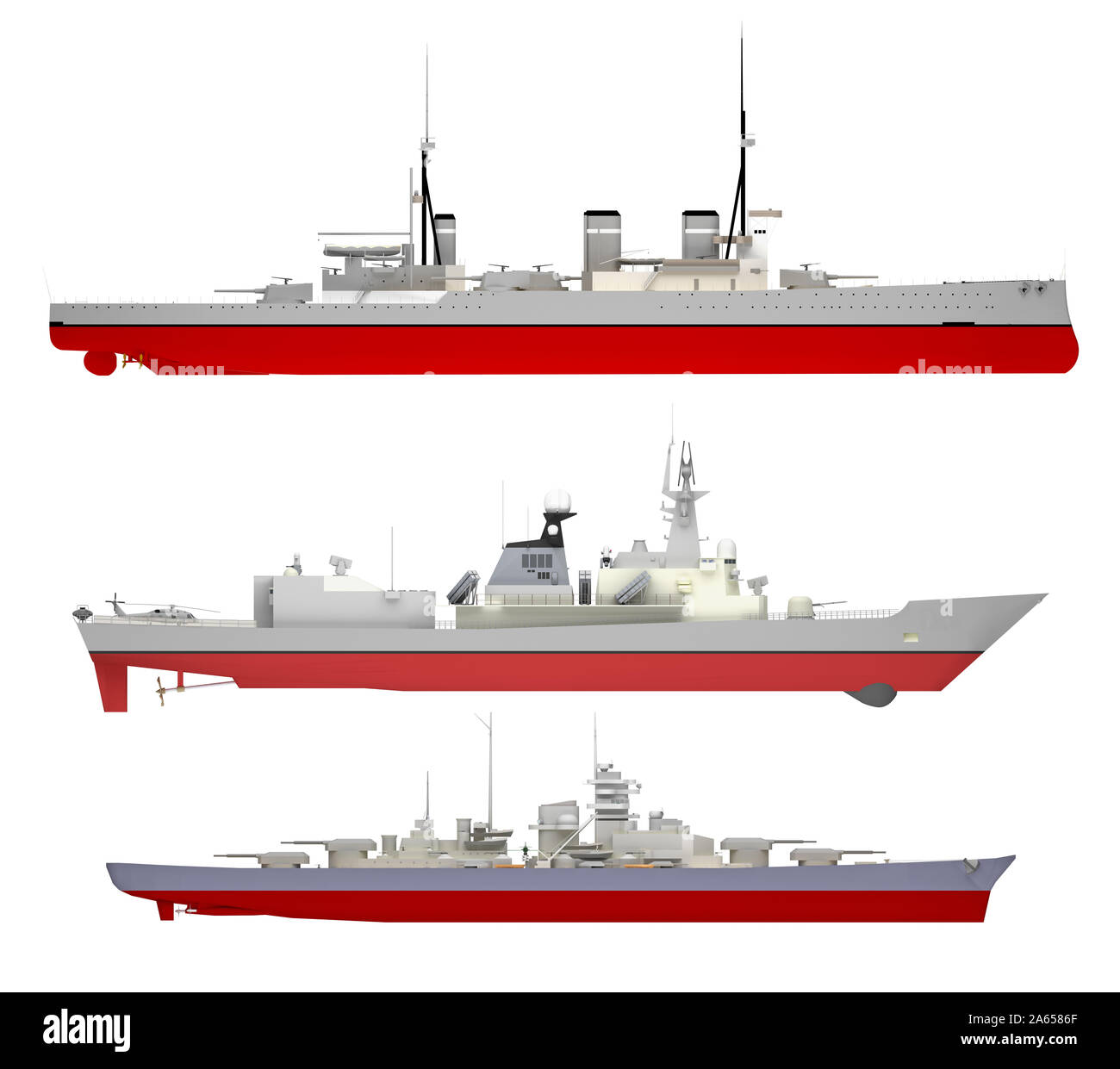 warship side view and top view isolated on white. 3d rendering Stock ...