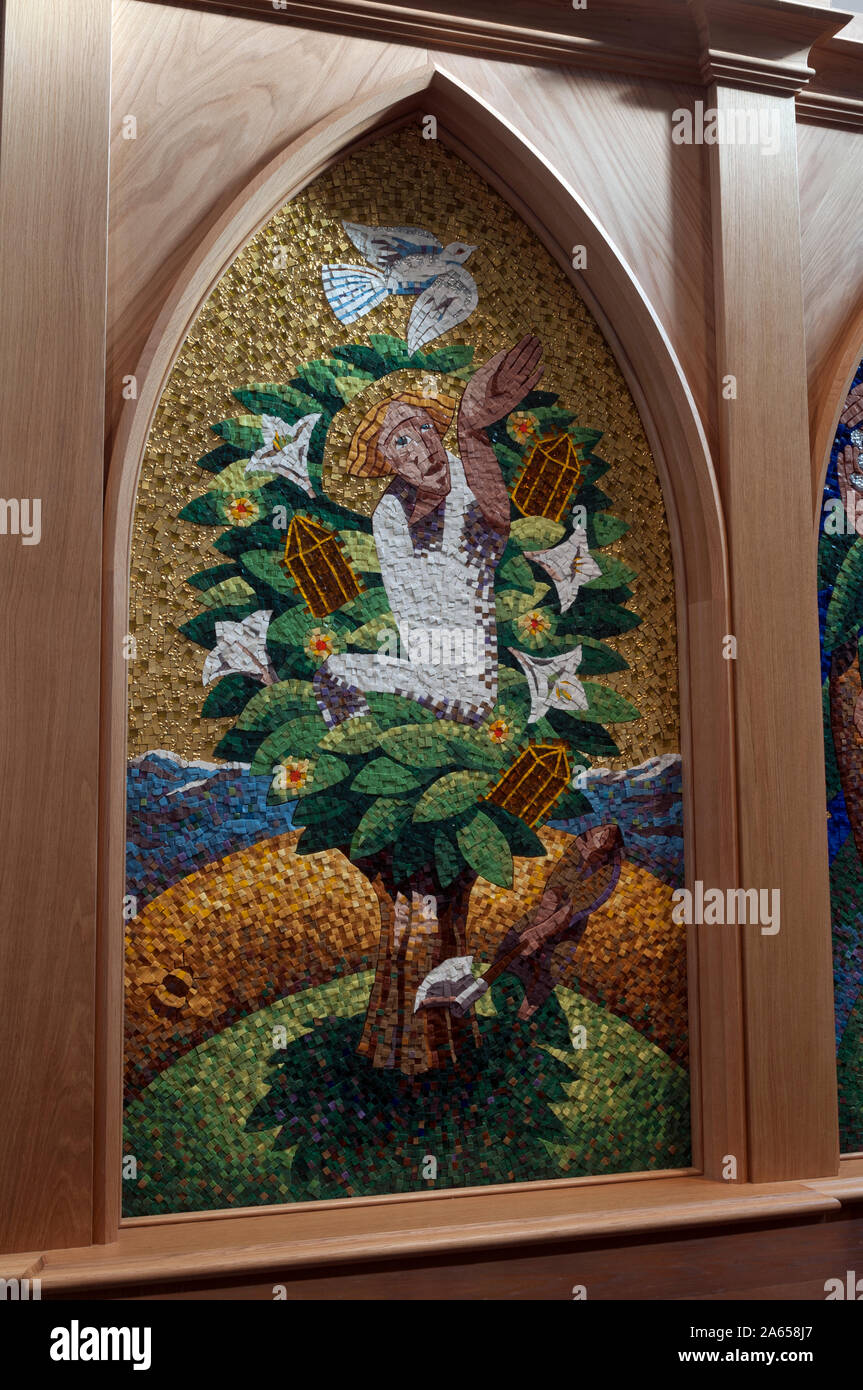 Reredos mosaic by Nicholas Mynheer, detail, St. Kenelm`s Church ...