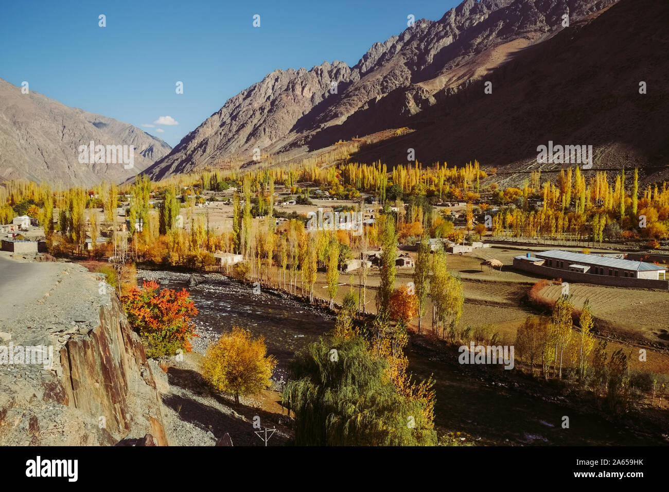 Landscape view of a village in Gupis valley in the morning against ...