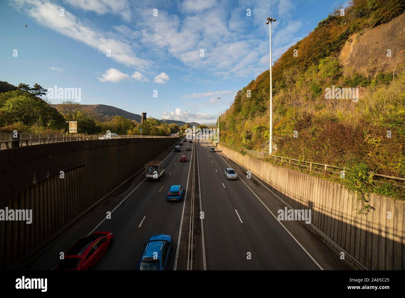 The dual-carriageway of the A470 heading north away from Cardiff, Wales ...