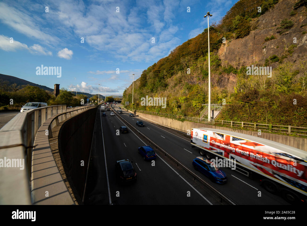 The dual-carriageway of the A470 heading north away from Cardiff, Wales ...