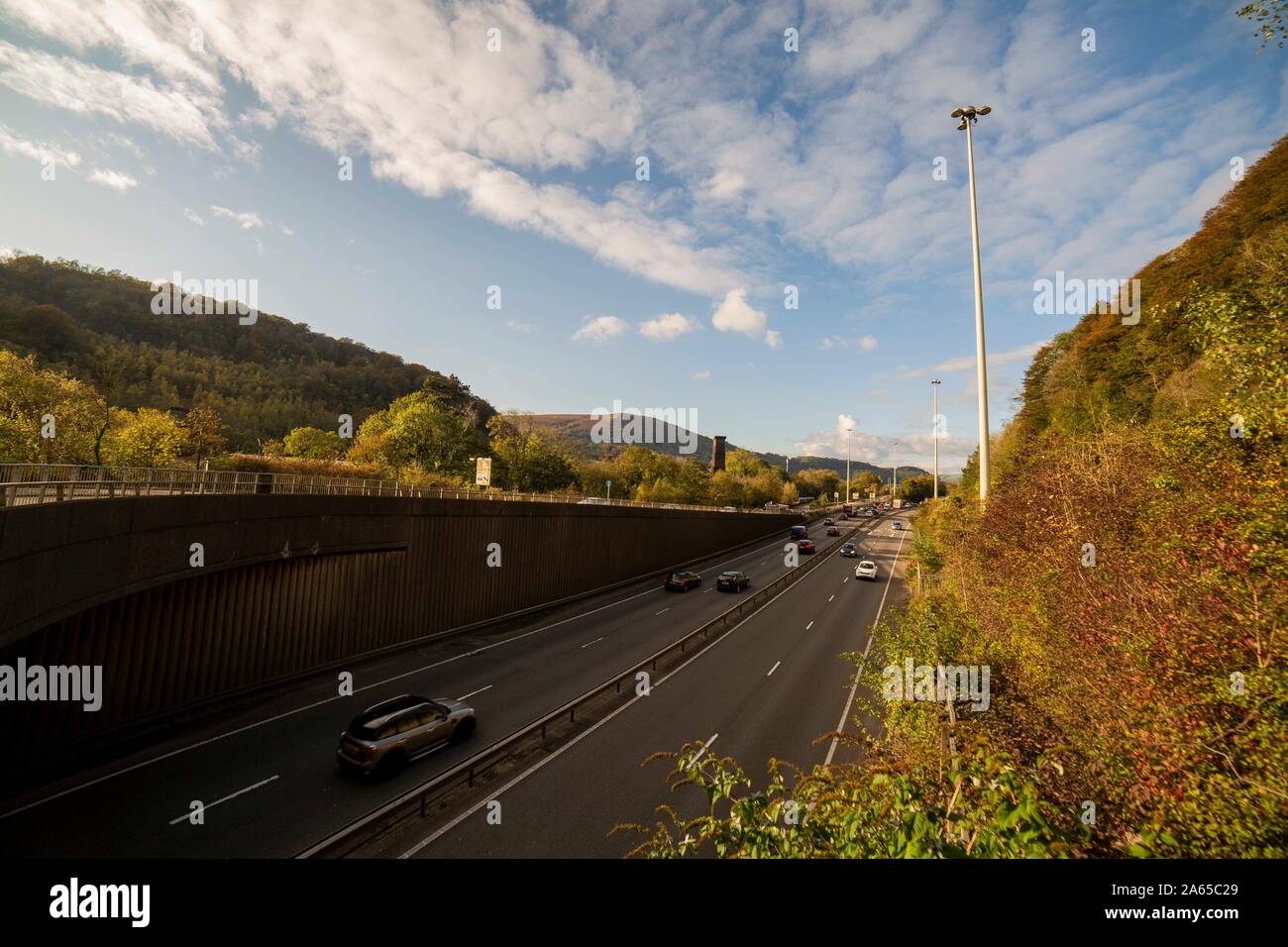 The dual-carriageway of the A470 heading north away from Cardiff, Wales ...