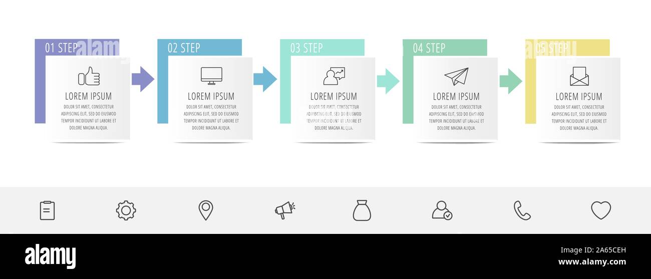Vector infographic flat template. Rectangles with arrows for five diagrams, graph, flowchart ...