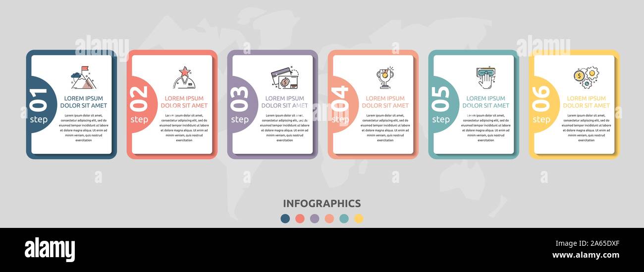Vector infographic flat template. Rectangles for six diagrams, graph, flowchart, timeline ...