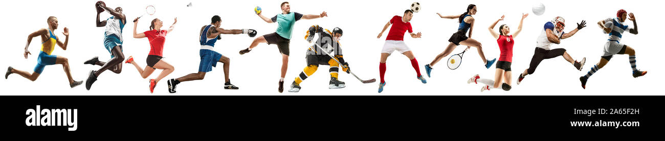 Creative collage of sportive models running and jumping. Advertising ...