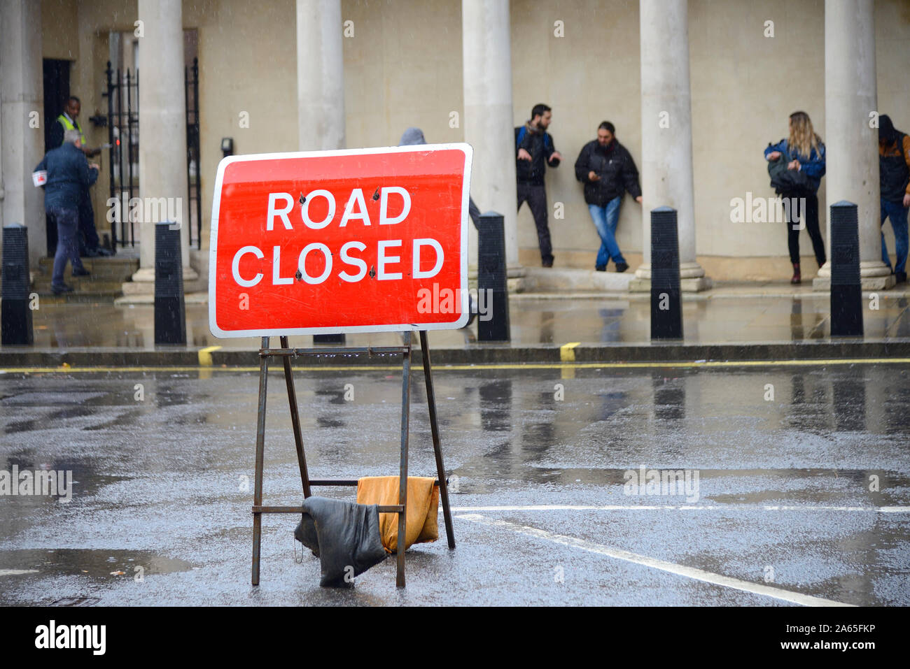 London, England, UK. Road Closed sign in Whitehall on a rainy day Stock ...