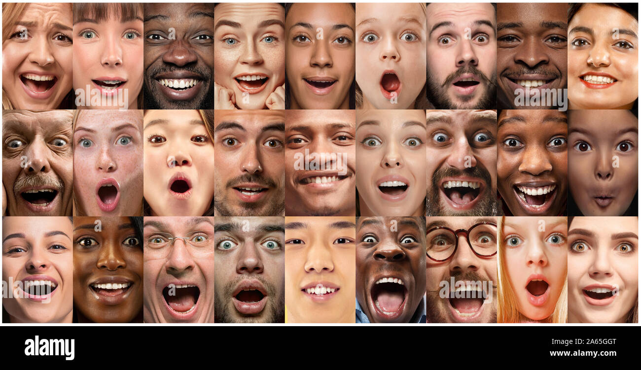 Close up portrait of young people. Human emotions, facial expression ...