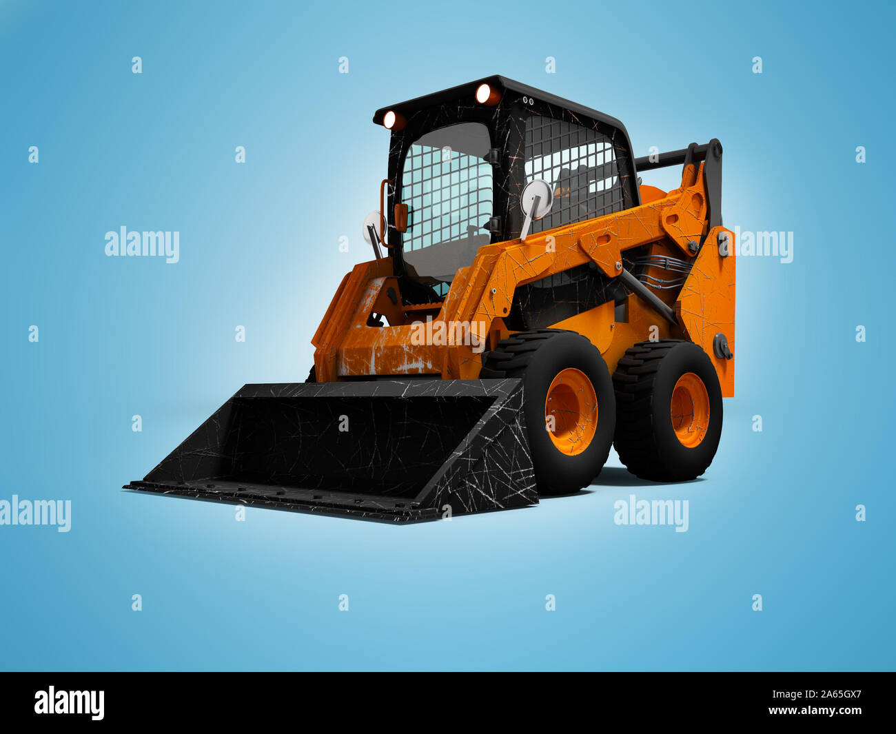 Old orange wheel loader on wheels with bucket 3d render on blue ...