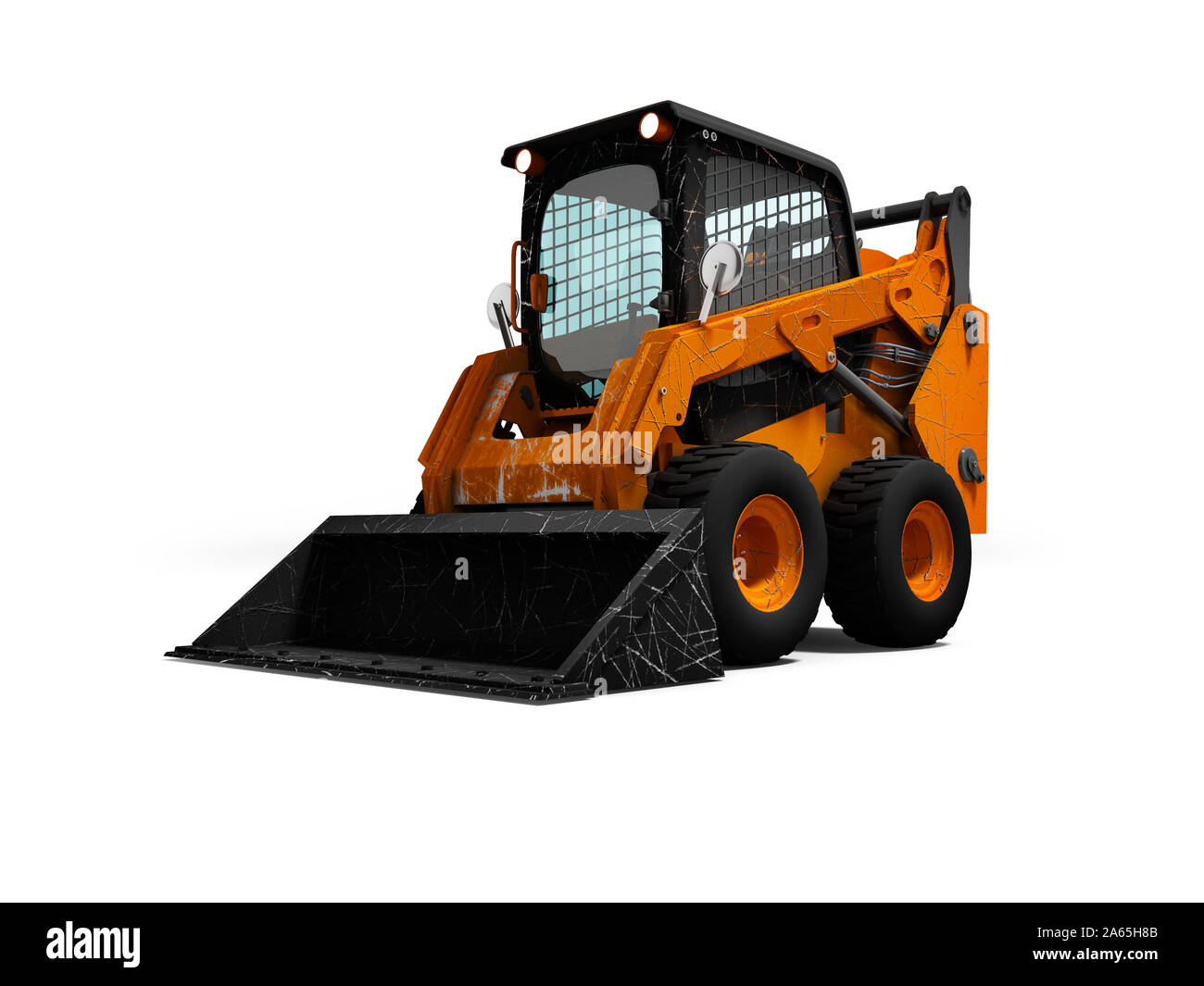 Old orange wheel loader on wheels with bucket 3d render on white ...