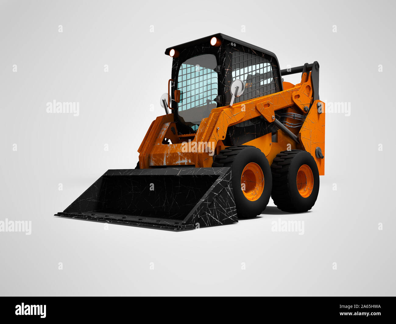 Old orange wheel loader on wheels with bucket 3d render on gray ...