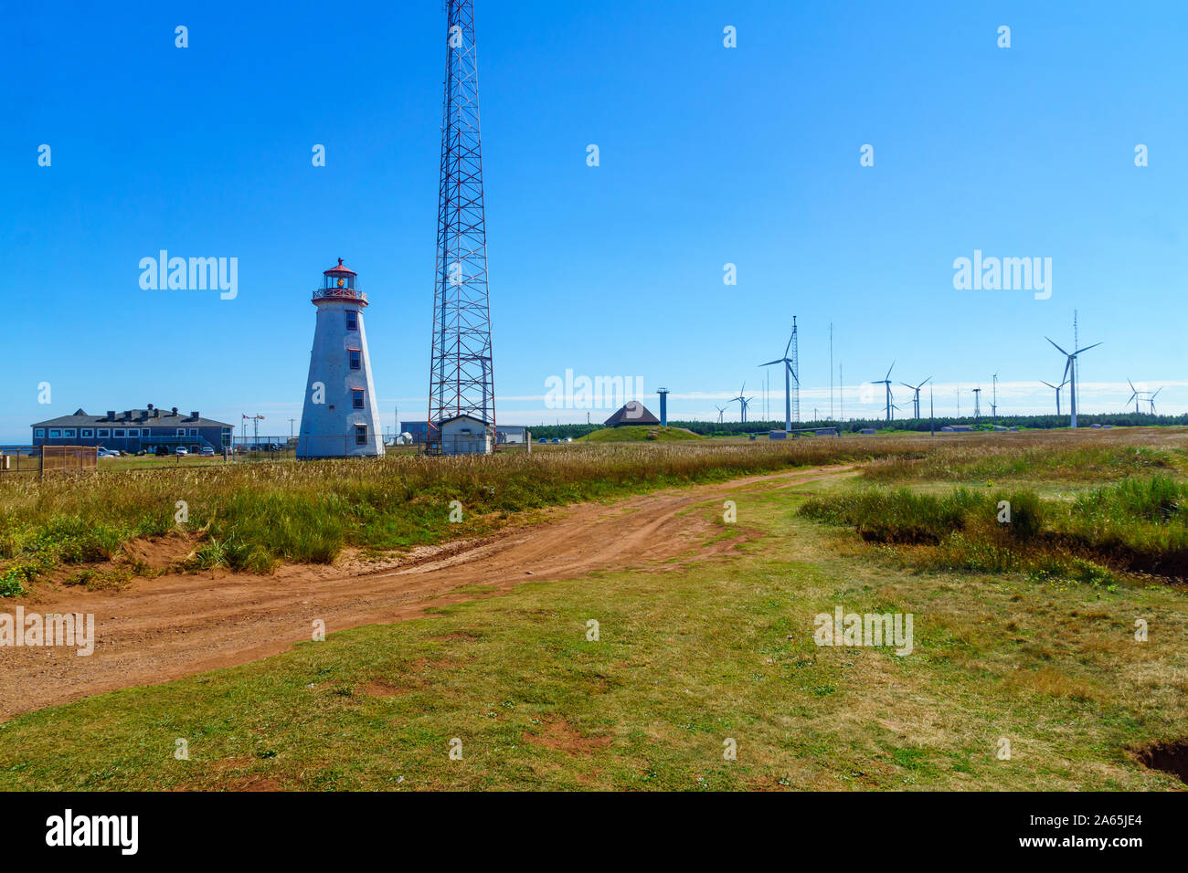The North Point Lighthouse, and wind turbines, in Prince Edward Island ...