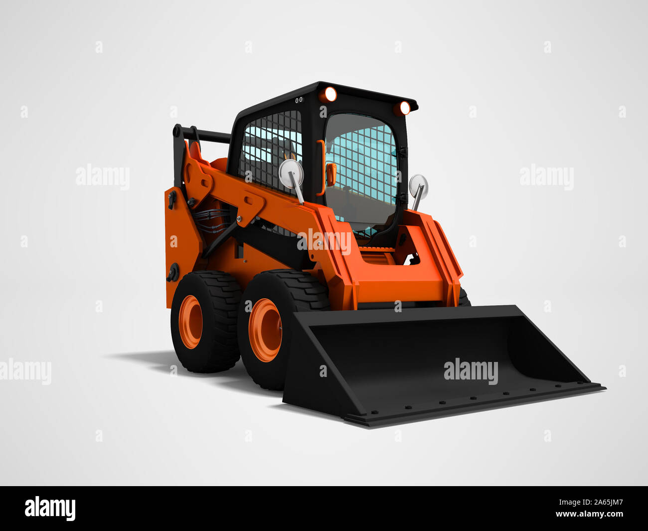 Modern orange mini loader with bucket in front 3d render on gray ...