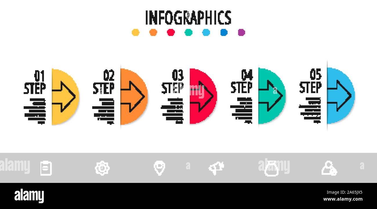 Vector infographic flat template. Semicircle with arrow for five diagrams, graph, flowchart ...