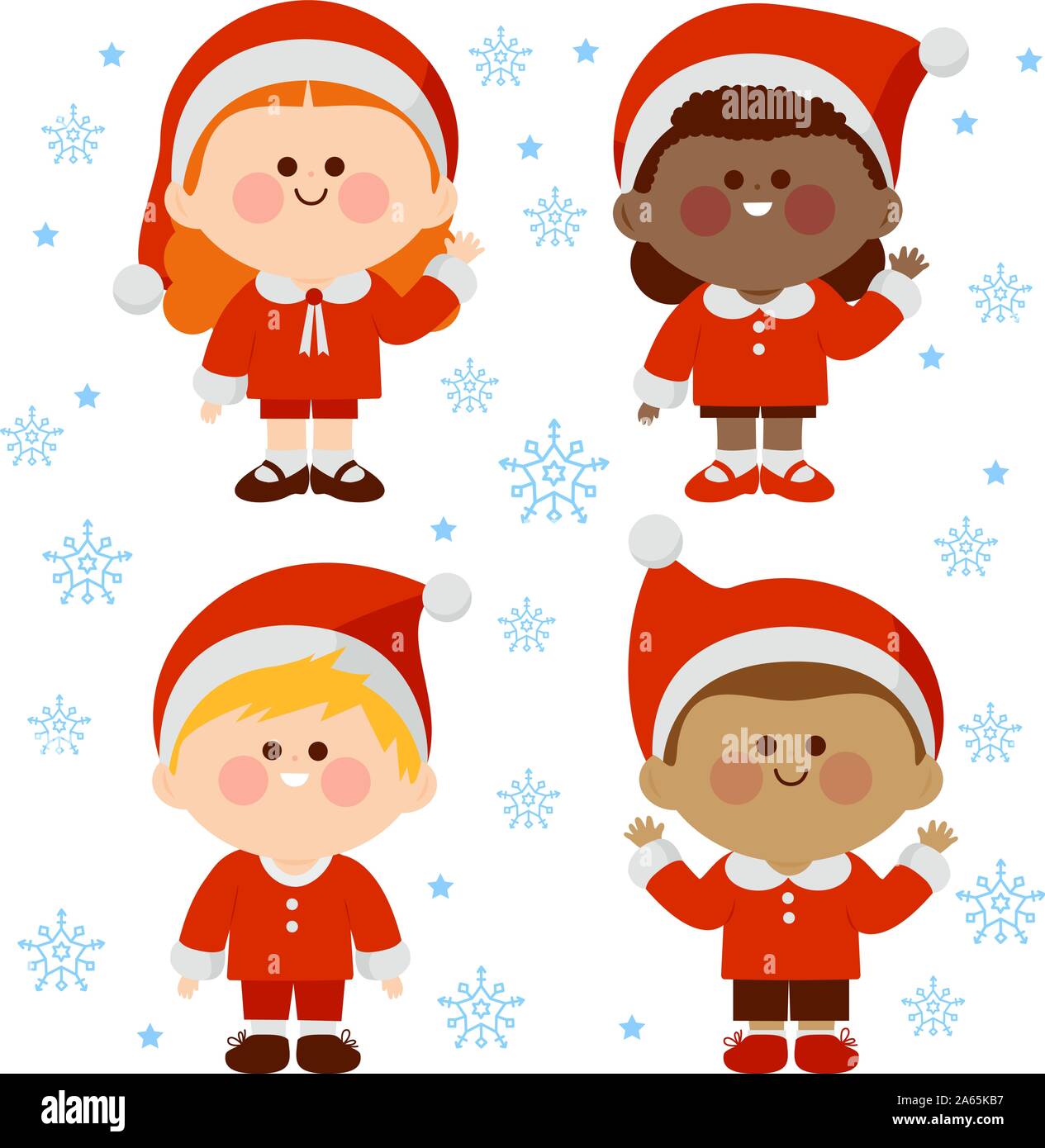 Diverse group of children dressed in Christmas Santa Claus costumes ...