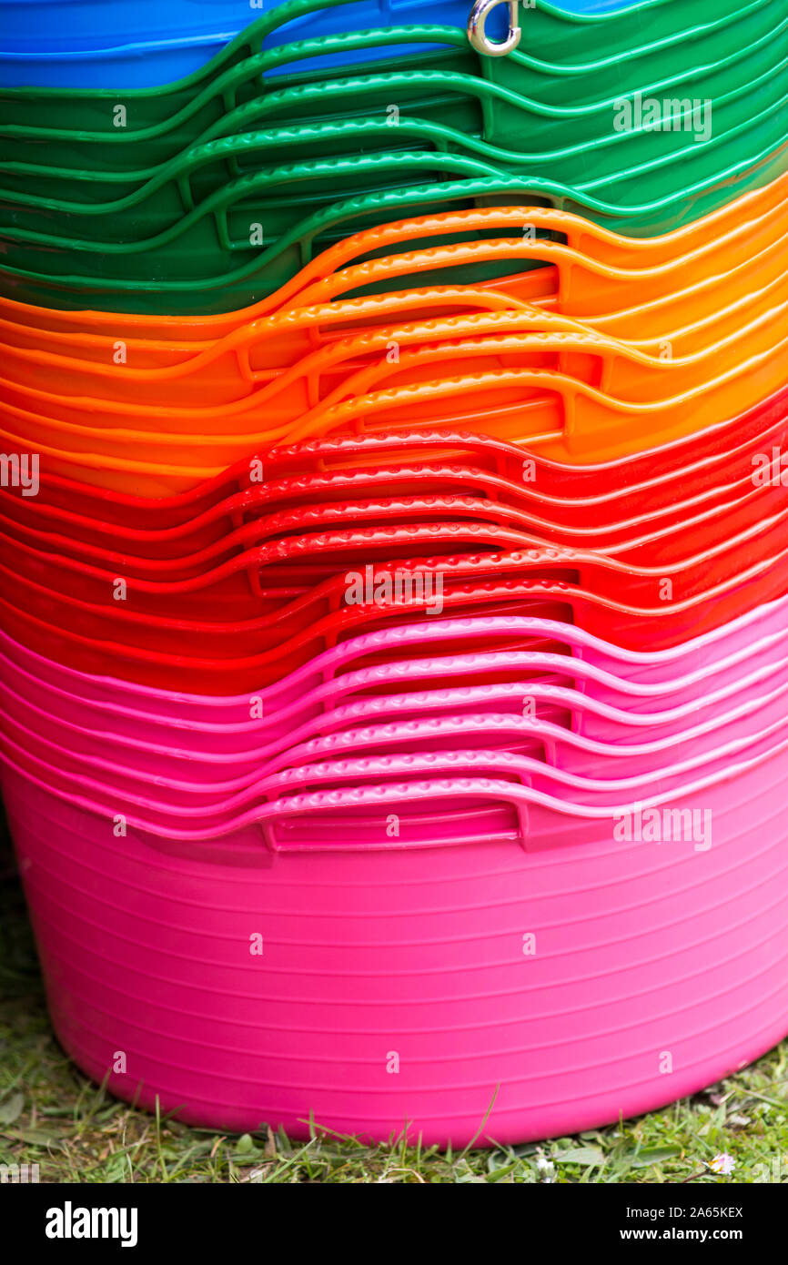 Cllose up of multi color buckets stacked inside each other Stock Photo ...