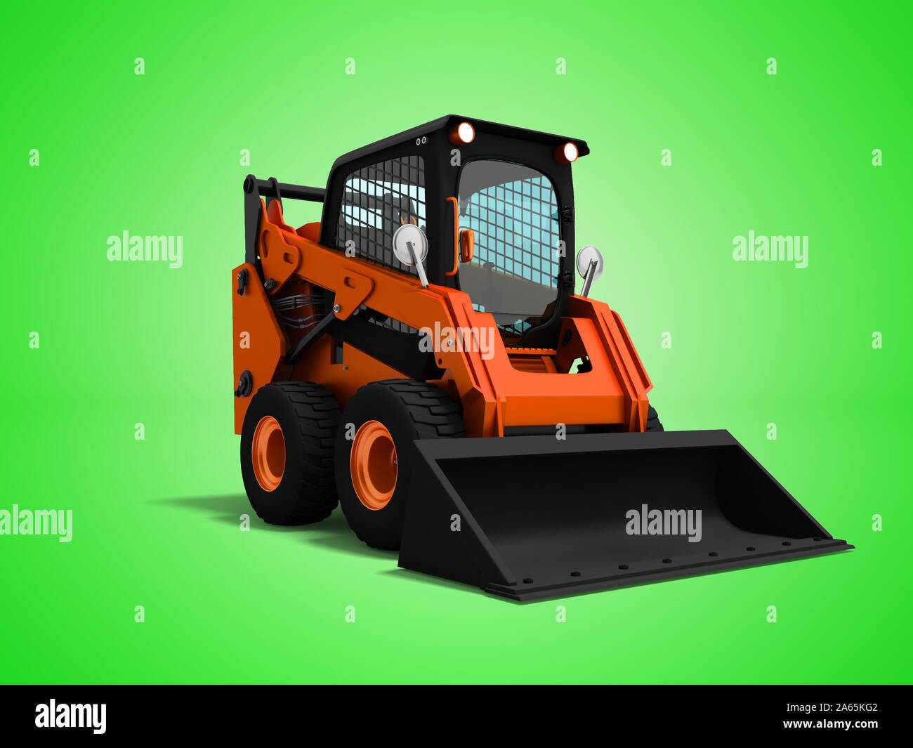 Modern orange mini loader with bucket in front 3d render on green ...