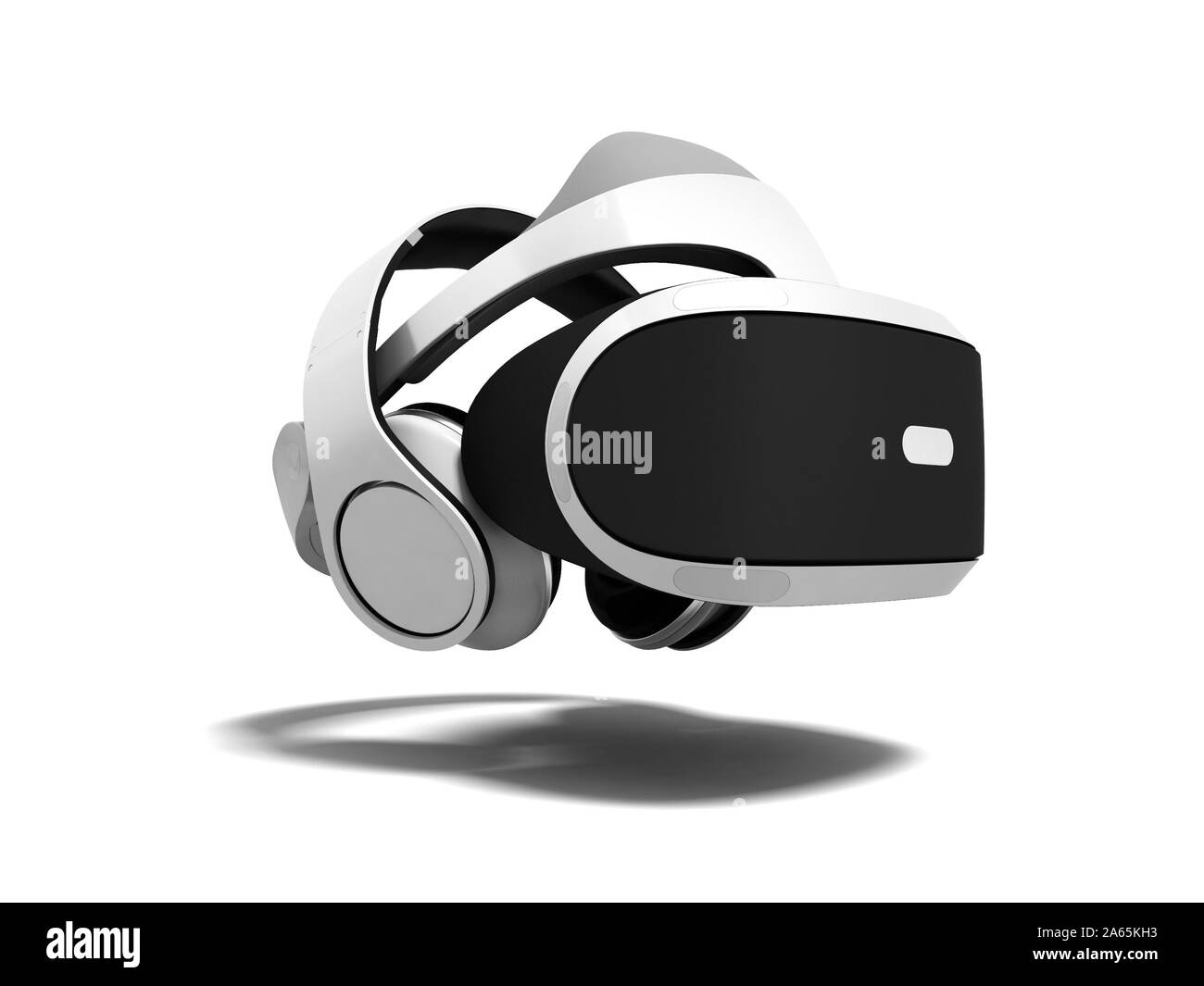 White virtual reality glasses with white headphones 3d render on white ...