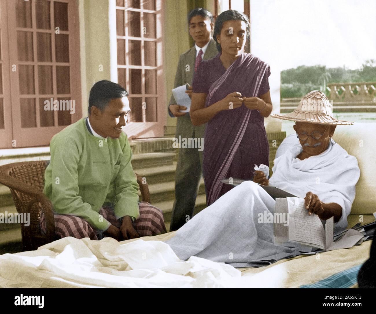 Mahatma Gandhi talking with Thakin Nu, Birla House, New Delhi, India ...