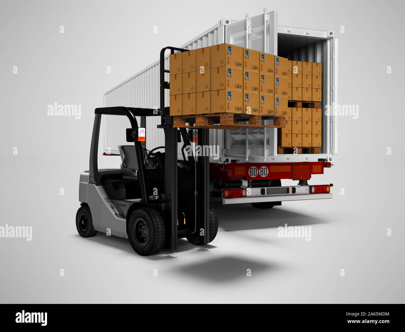 Modern loading of goods on pallets with forklift in white trailer 3d ...