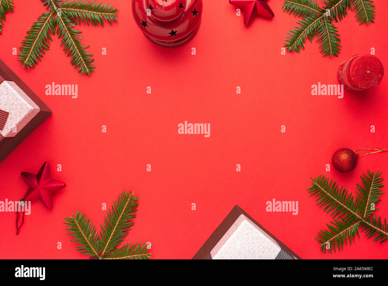 Christmas background composition on red surface. Christmas tree ...